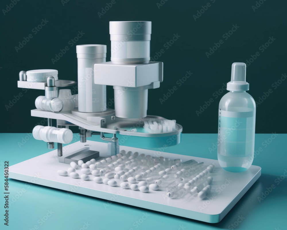 A robotic arm holding a tray of pills and other medications ...