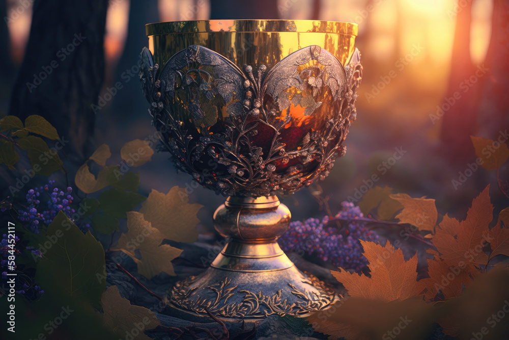 Holy grail chalice in landscape with sunset. Magic cup for spiritual ...
