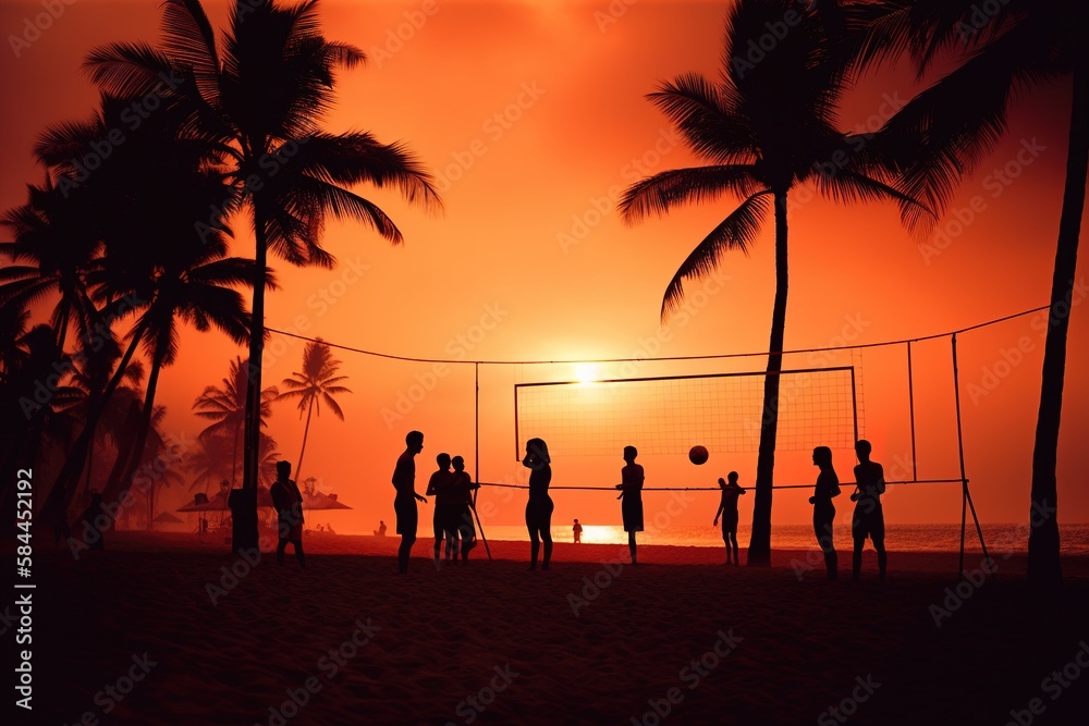 people playing volleyball on the beach with palm trees, light leaks ...