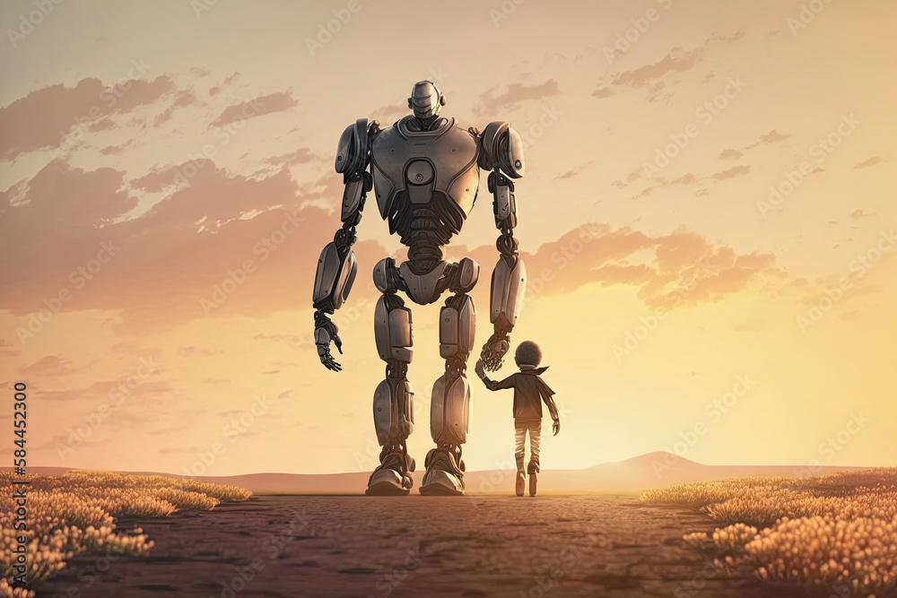 Giant robot and child walking together at sunset. Best friends ...