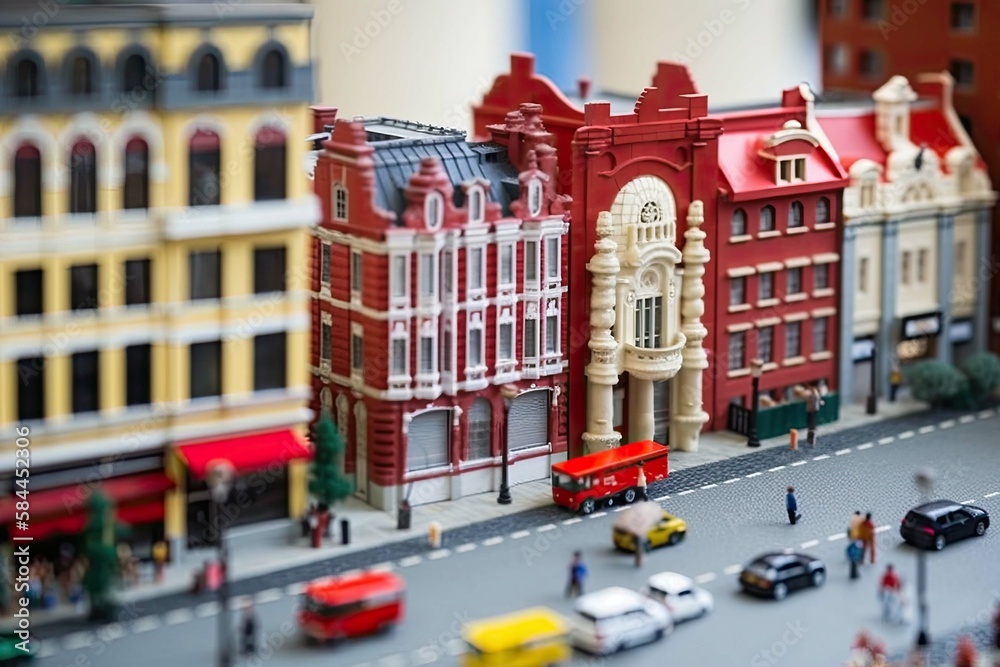 City life with living building facades and people walking at street ...