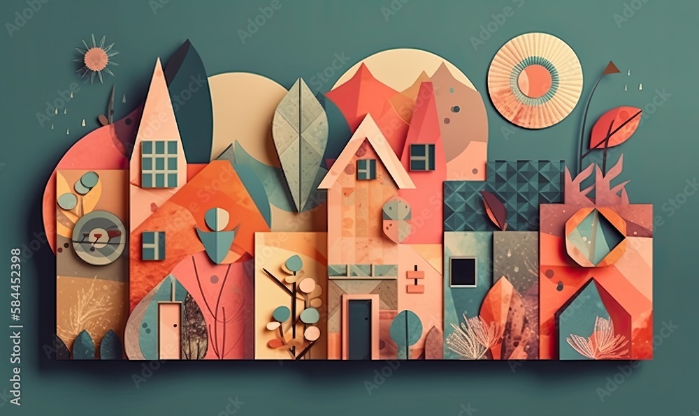 A digital illustration of a house with a blue background and a house ...