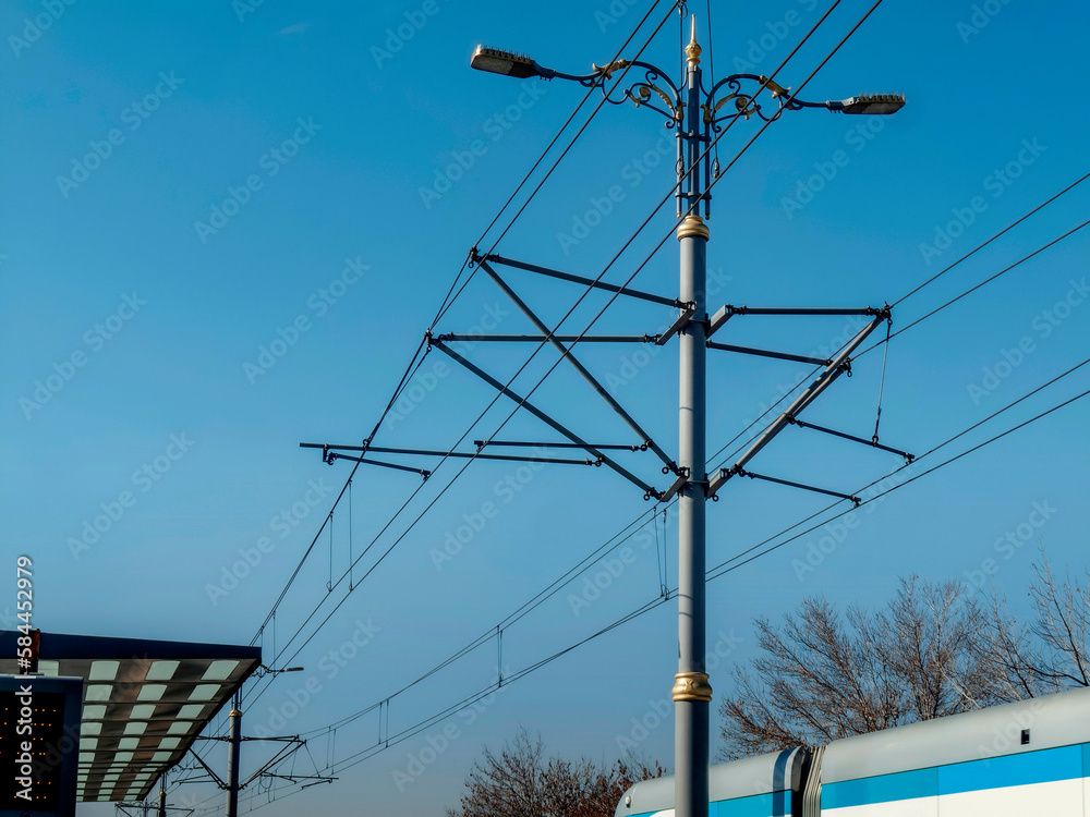 Tram power pole, city life. Tramway power line, Environmental ...