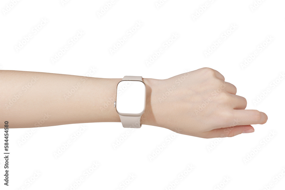 Female hand wearing smart watch with blank screen isolated on ...