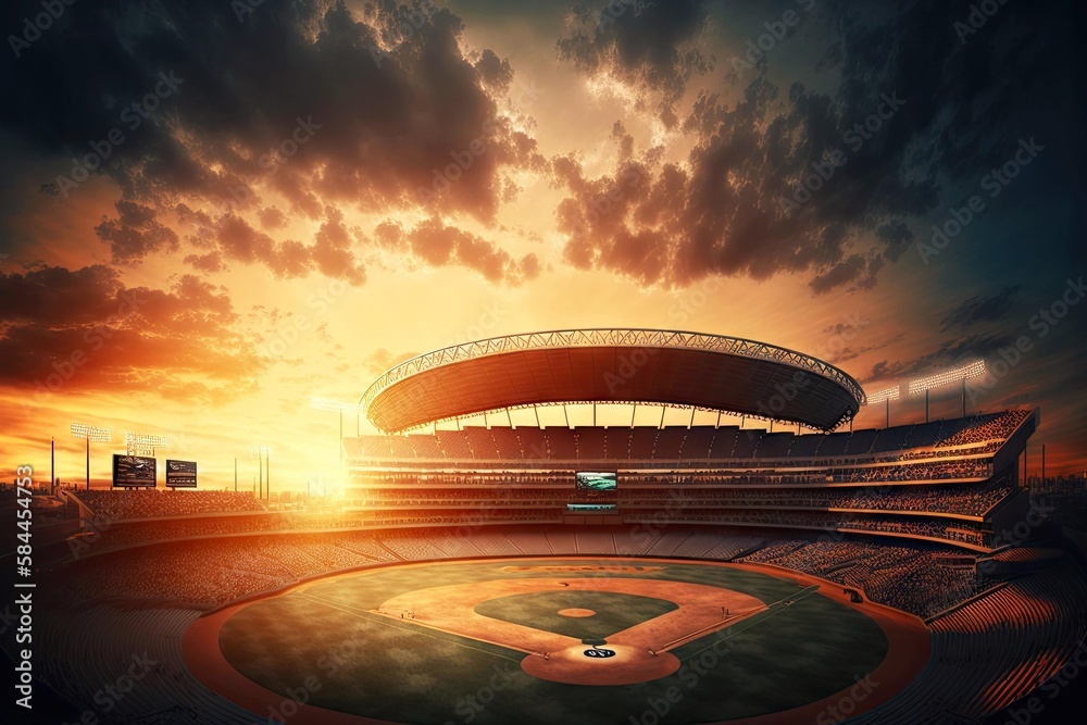 Large outdoor stadium with baseball court in background of sunset ...