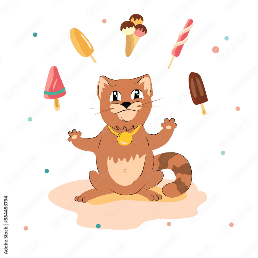 Cute cartoon cat character with different types of ice cream. Bright ...