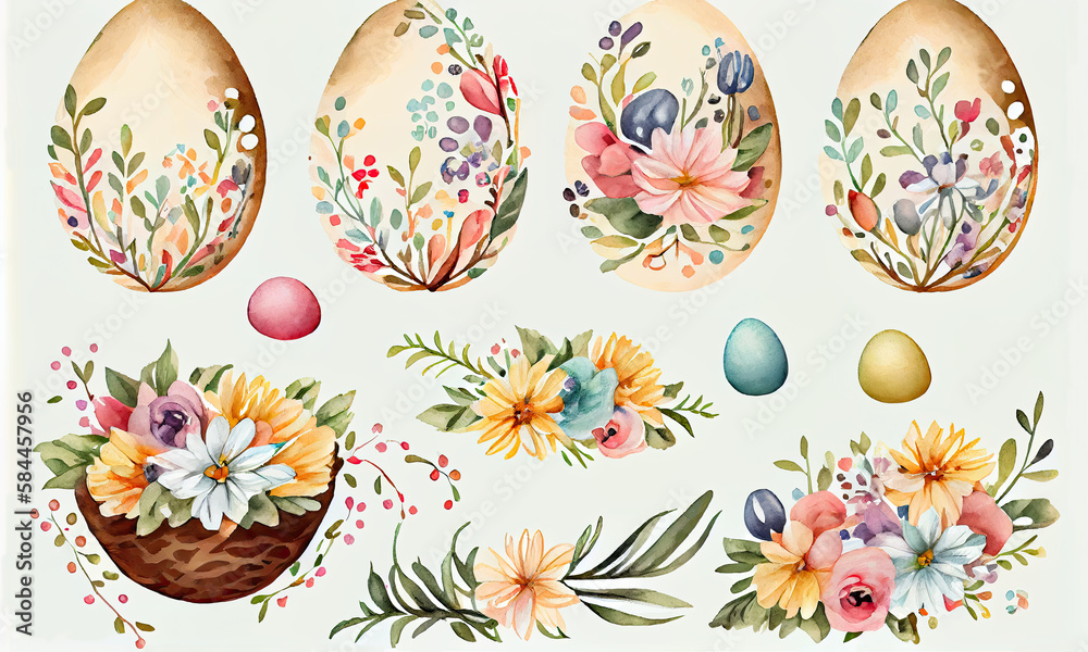 Set of easter boho eggs on an isolated white background, floral design ...