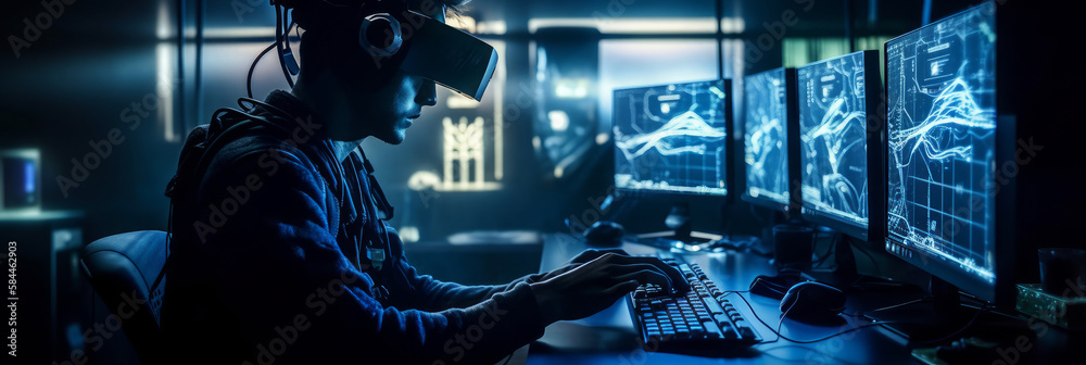 Gamer fully immersed in a virtual world with a sleek VR headset in ...