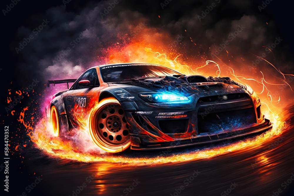 motorsport sports Racing Car with Wheels on Fire Extreme Racing ...