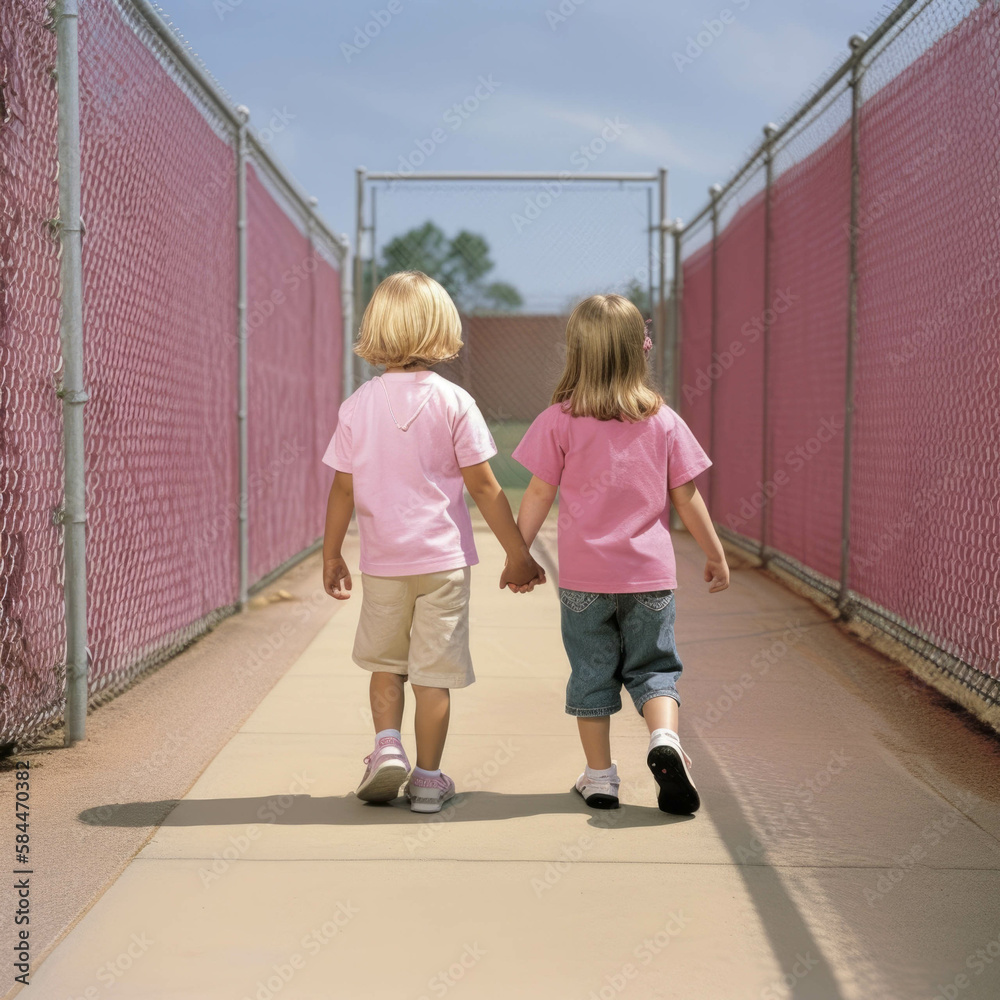 Two kids walking away with one holding the other’s hand to create a ...