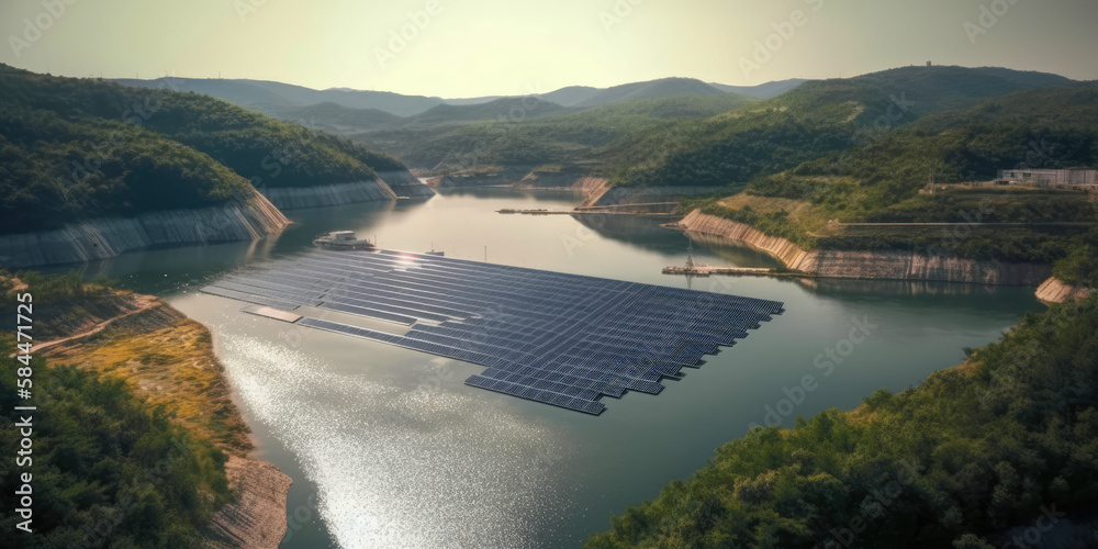 Green Energy on the Water. Farm from floating solar panels on a bright ...