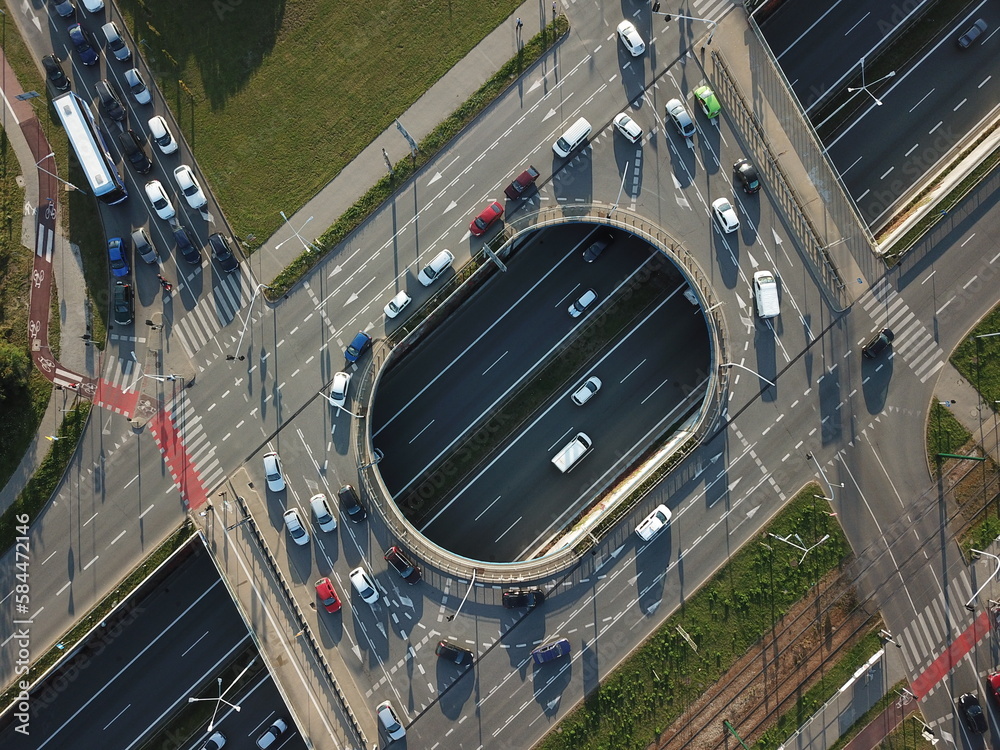 Aerial drone top down photo of two-level roads intersection, traffic on ...