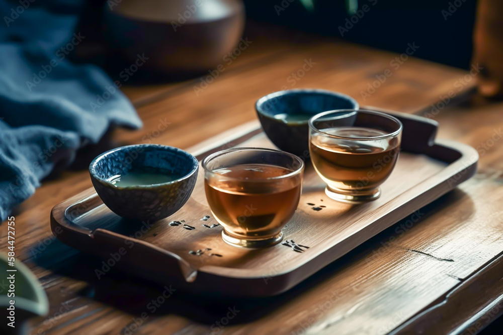 Still-life of japanese healthy green tea in a small cups and teapot ...