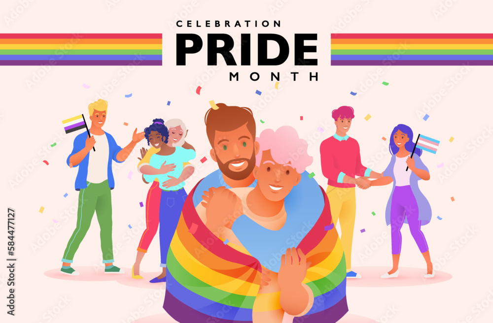 PRIDE month celebration banner with diverse people supporting LGBT ...