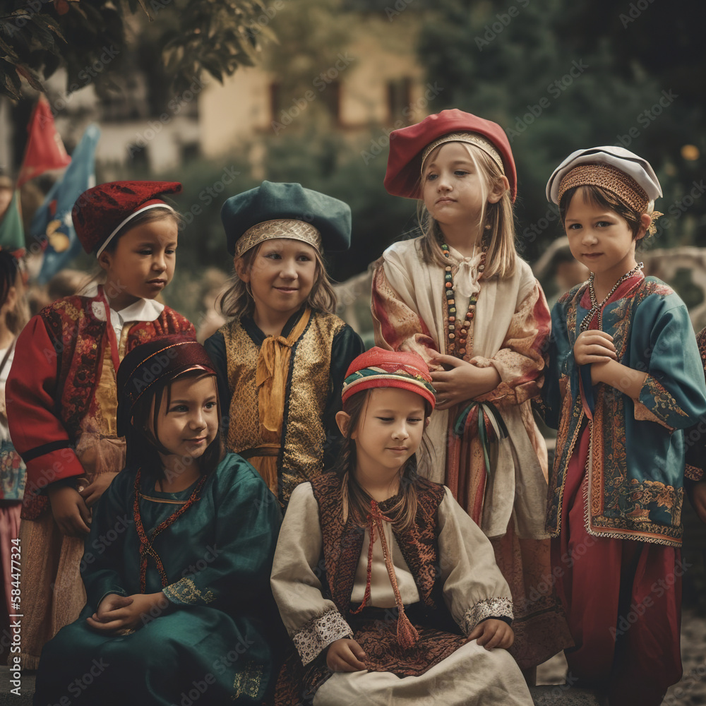 Group of children in ethnic traditional costumes. AI generative image ...