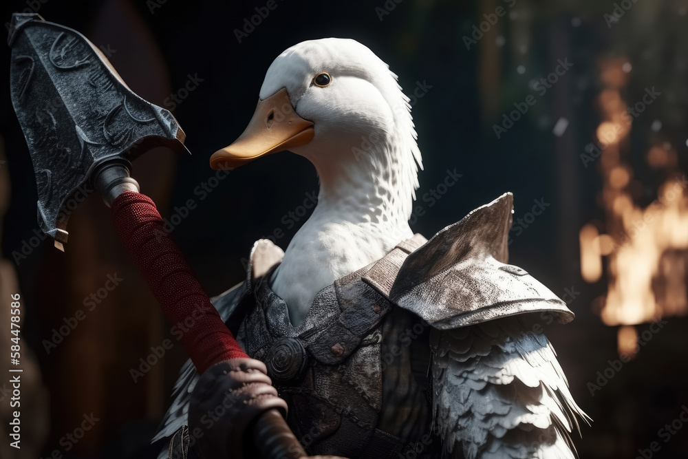 A white duck as a barbarian with a big axe and shining armour created ...