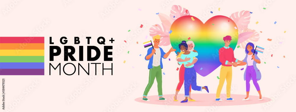 LGBTQ plus PRIDE month banner with diverse people supporting LGBT ...