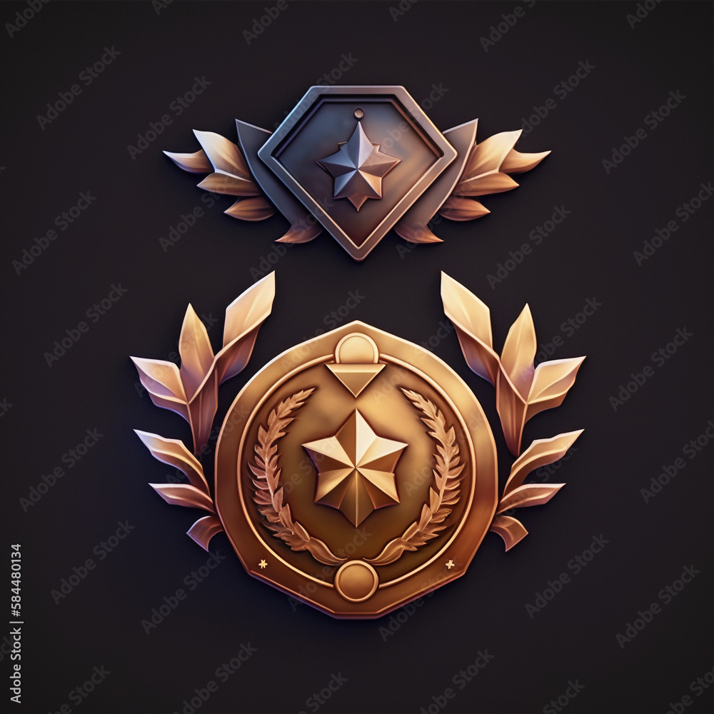 3d badge render, medal of honor, diamond medal, bronze medal, silver ...