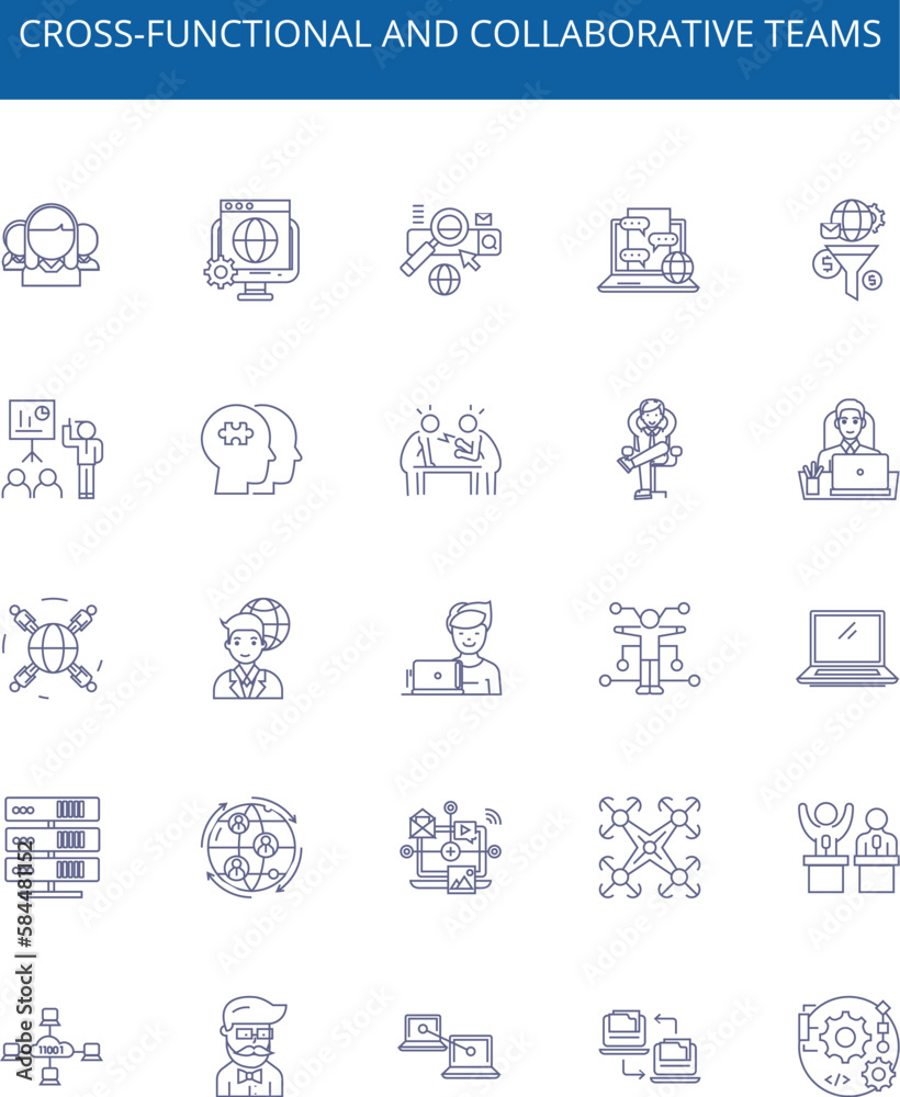 Vetor de Cross-functional and collaborative teams line icons signs set ...
