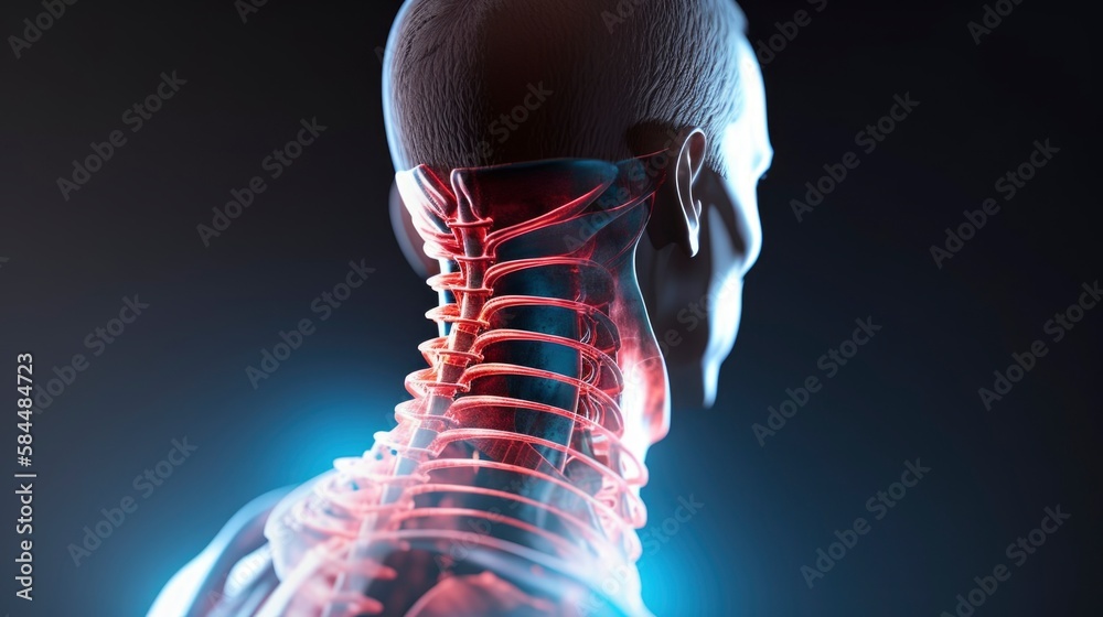 3d illustration of a human skeleton x-ray skull, neck pain head bones ...