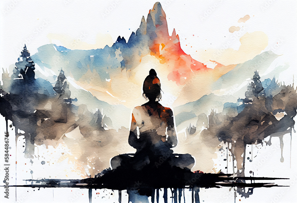 Watercolor meditation and mindfulness lifestyle concept art, spiritual ...