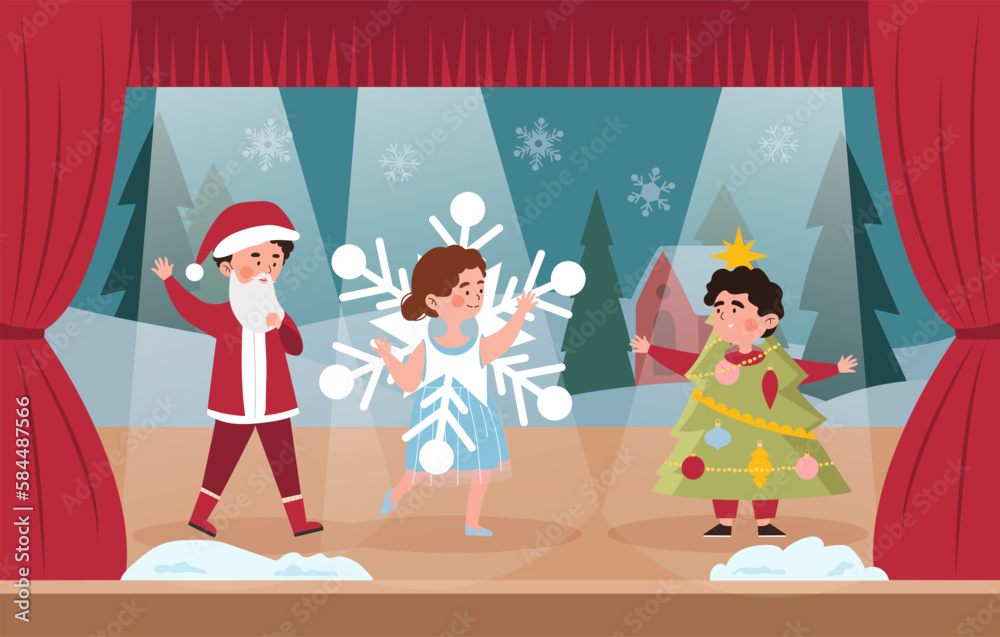 Children in costumes on stage. Boy in santa claus costume, girl in ...