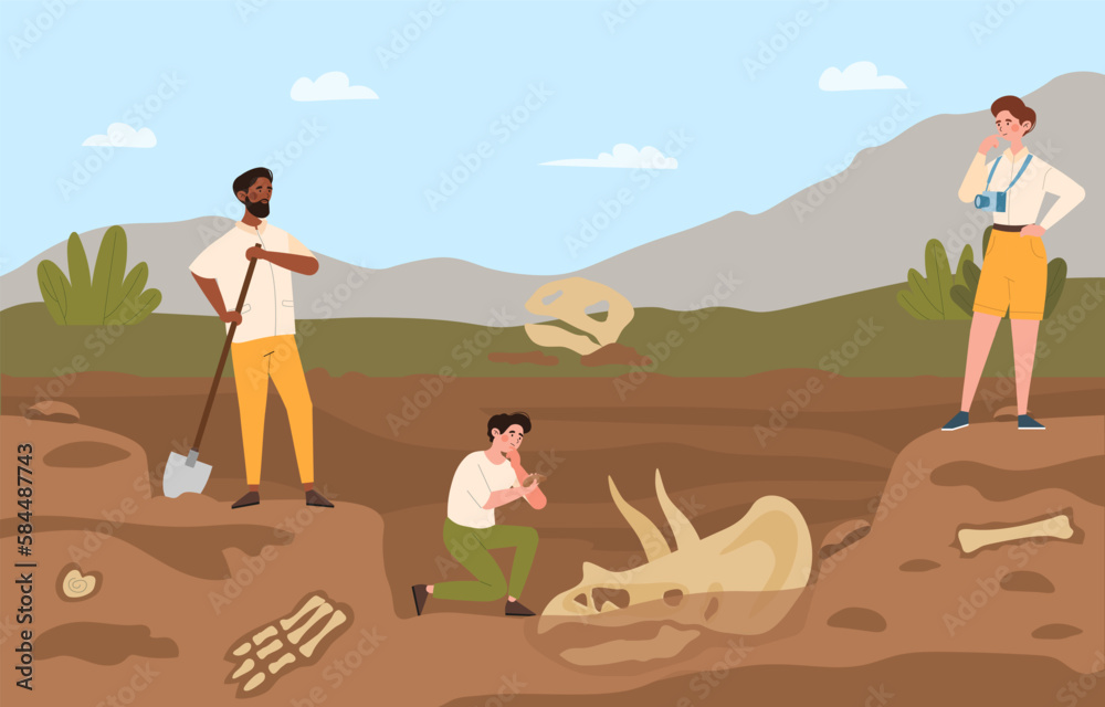 Digging up dinosaur bones. Men and women found head of dinosaur, animal ...