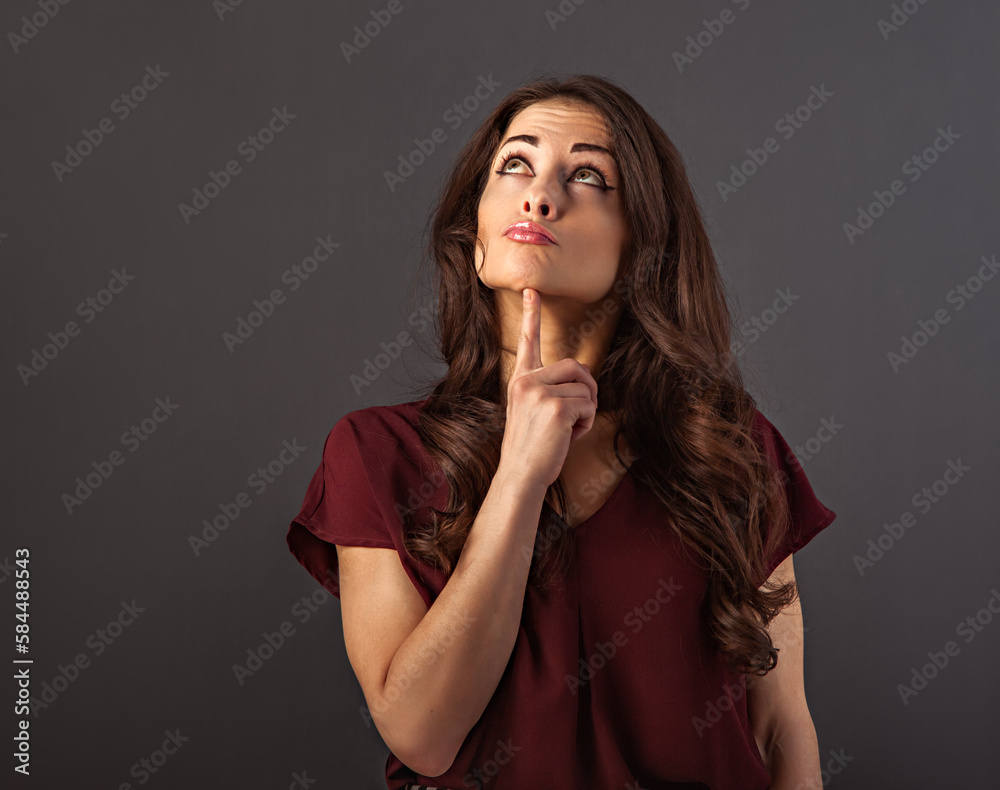 Beautiful fun humor grimacing smiling woman with long brown curly ...
