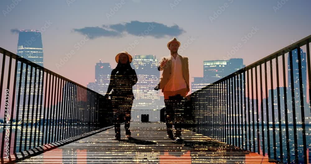 Two People Walking Together on Bridge Road Looking at Surreal Unreal ...