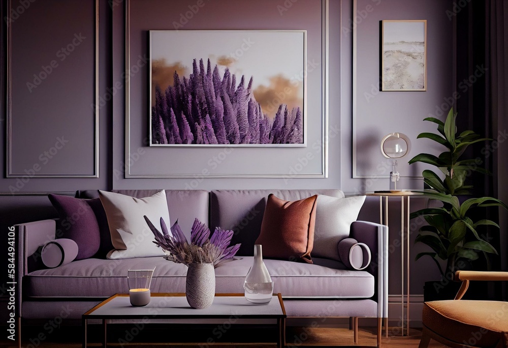 Living room mockup in vertical format. Walls and couch in lavender ...