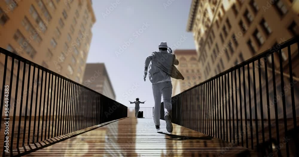 Two People Walking Together on Bridge Road Looking at Surreal Unreal ...