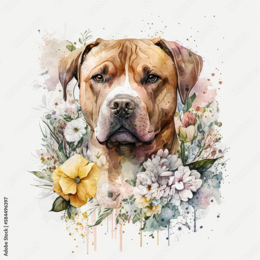 A painting of a dog with flowers on it. Dog portrait in floral ...