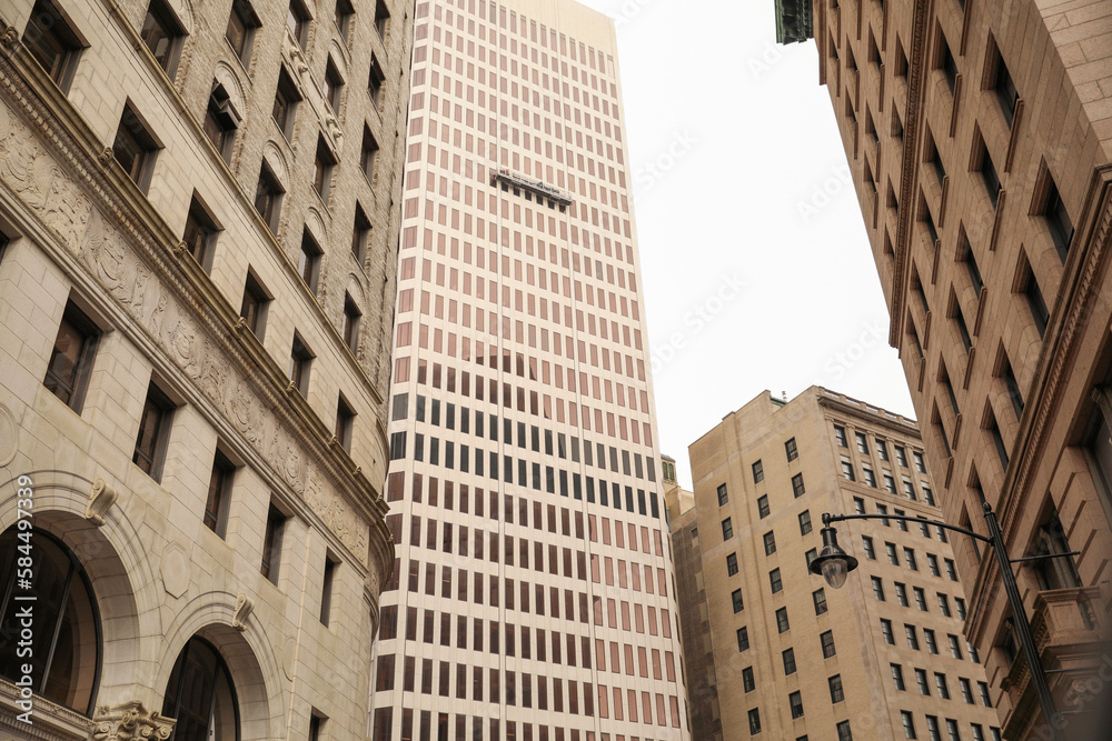 skyscraper's towering structure and old-fashioned architecture ...