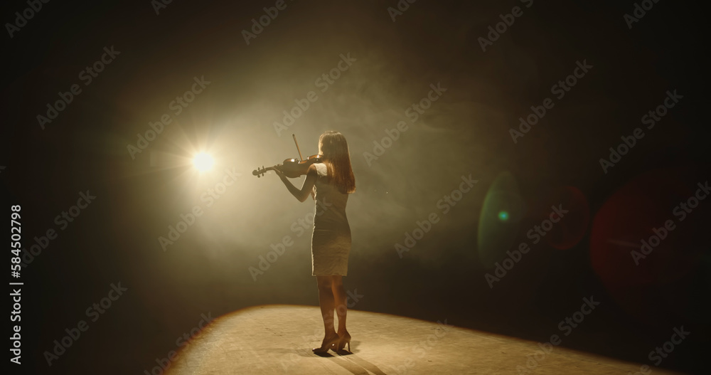 Professional female violinist performing a solo concert on stage ...
