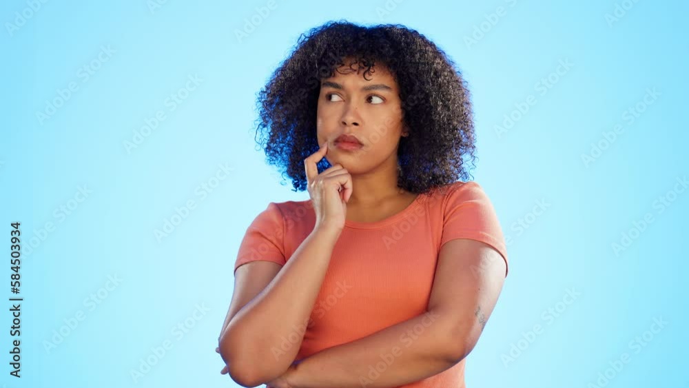 Doubt, black woman and thinking with confusion, ideas and opportunity ...
