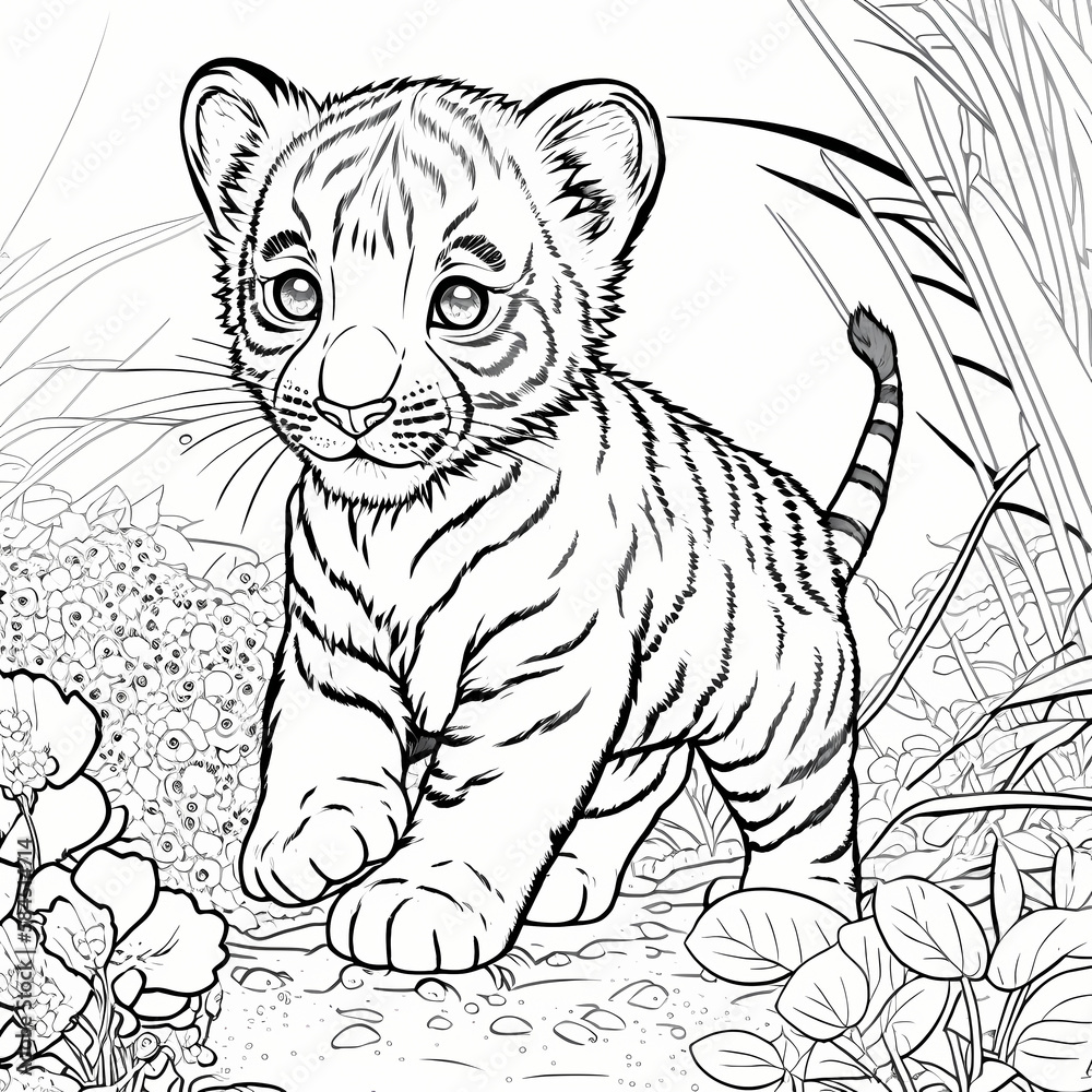a line coloring page of a cute little tiger Stock Illustration | Adobe ...