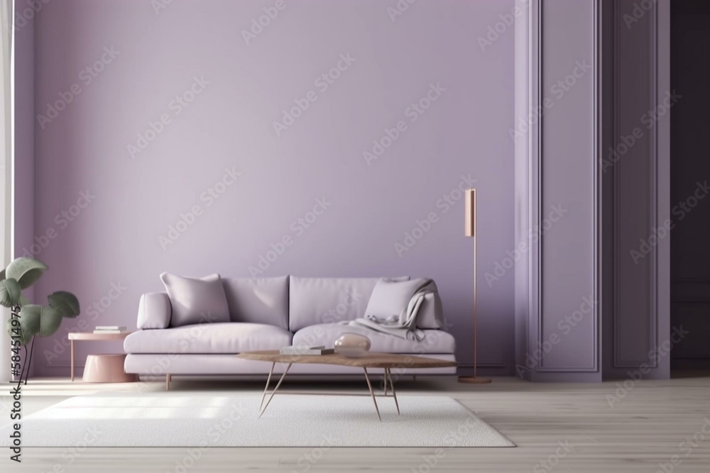 Living room mockup in vertical format. Walls and couch in lavender ...