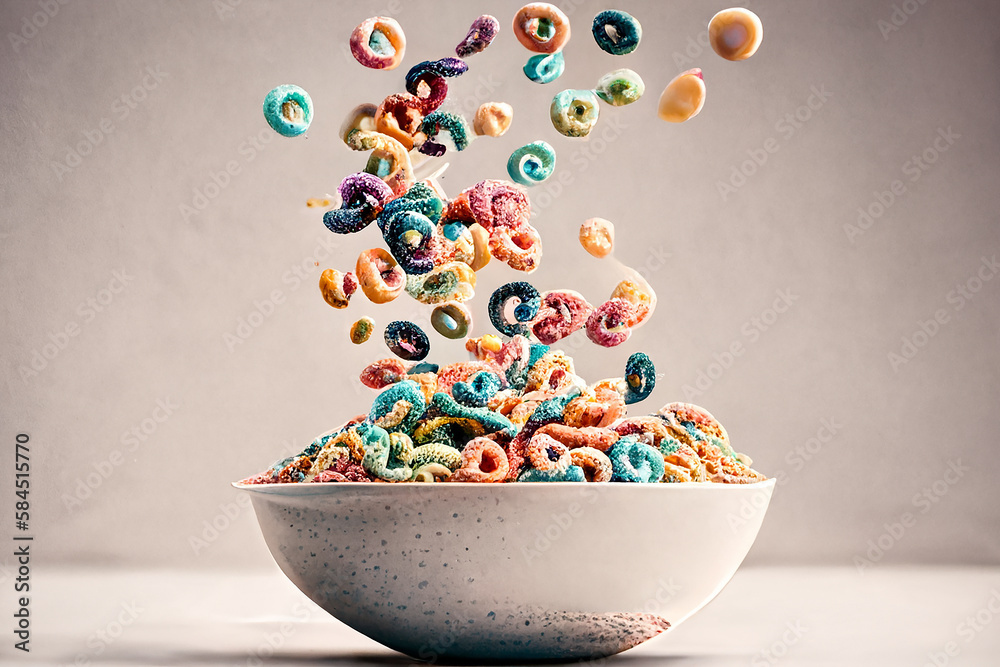 Creative food composition. Colourful cereal falling into bow isolated ...