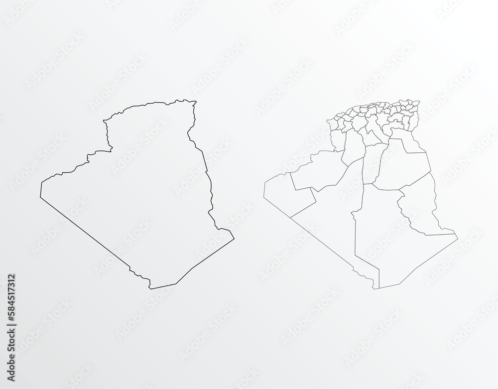 Black Outline vector Map of Algeria with regions Stock Vector | Adobe Stock