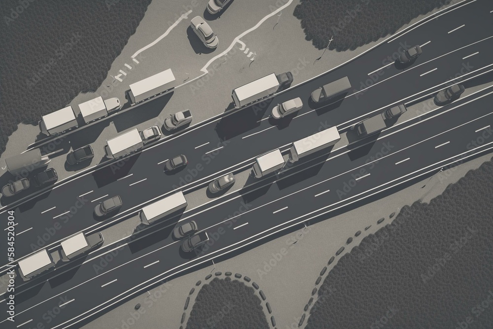 Top down view of a convoy of trucks driving down a highway. Birds eye ...