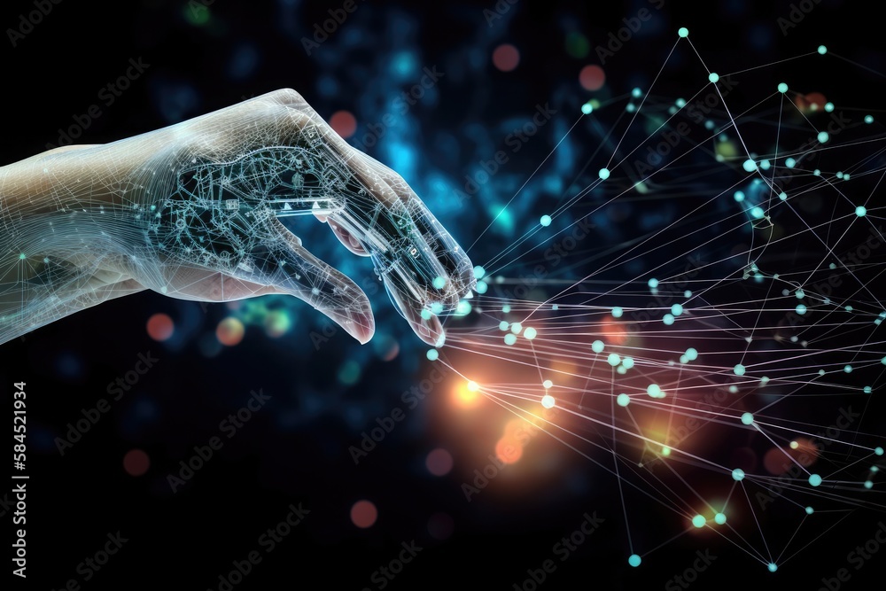 AI, Machine Learning, robot hand and human touch on big data network ...