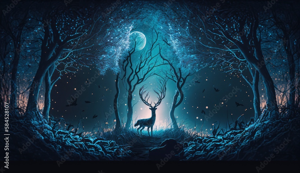 Mystical forest scene at night as digital art, Generate Ai Stock ...