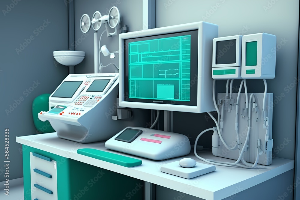 Close-up of empty nurses station with computer monitor and ...