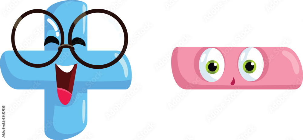 Funny Vector Cartoon Mathematical Signs of Plus and Minus. Math symbols ...