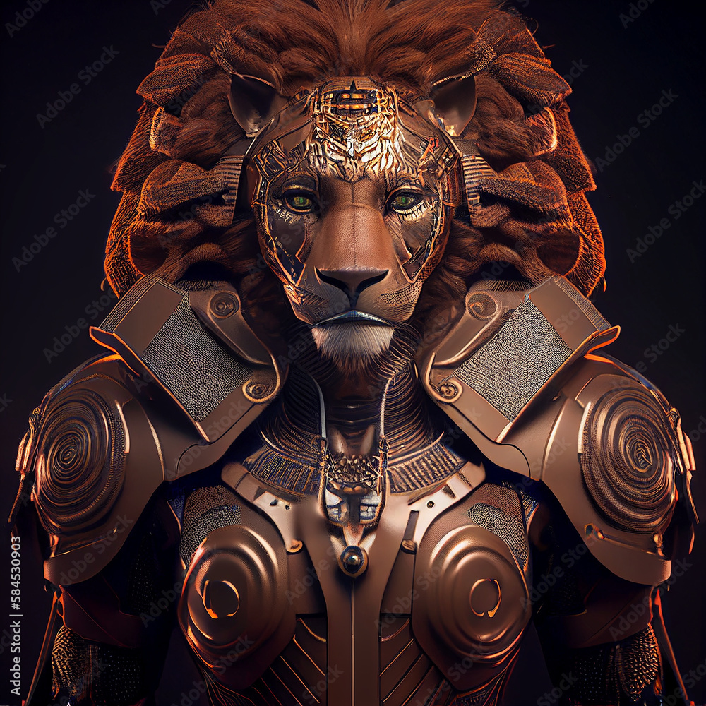 Realistic lifelike lion in high end cyberpunk cyber high tech futurist ...