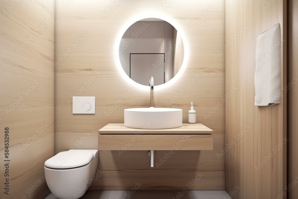 Bathroom interior with ceramic sink on hardwood counter, circular ...