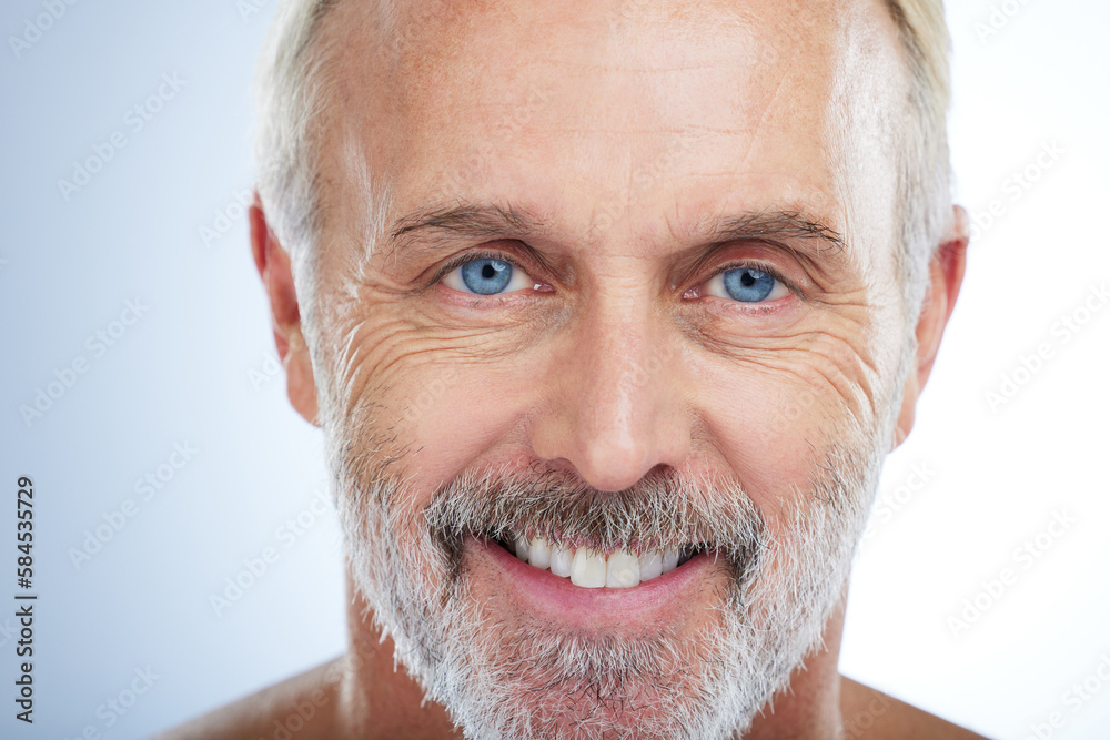 Old man, portrait and smile, face with beauty and grooming, hygiene ...