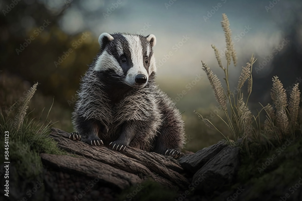 Cute Badger is relaxing on a solid rock mountain. enjoys nature, bright ...