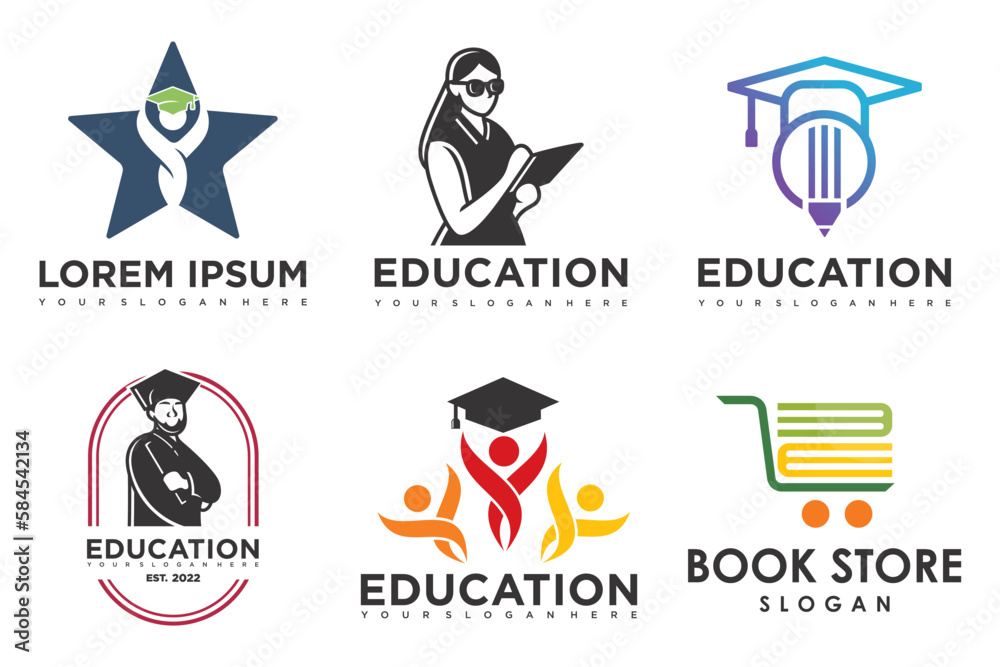 education and learn logo set.school book,graduate hat,pen,book store ...