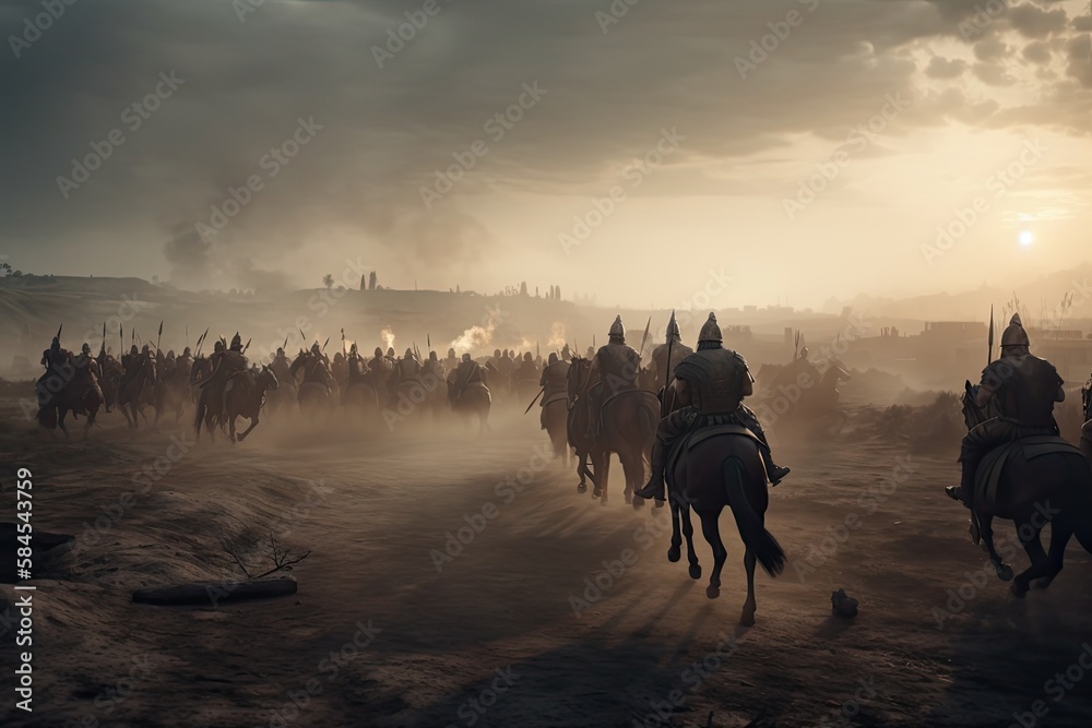 Julius Caesar and his Roman generals and warriors in battle. Generative ...